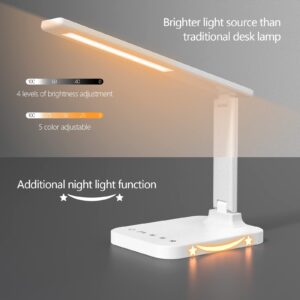 BMQJCBO White LED Desk Lamp for Study Home Office with 10W Charger & USB Port,LCD Display with Calendar Date Temperature Zoning Display, Extra Night Light Functio