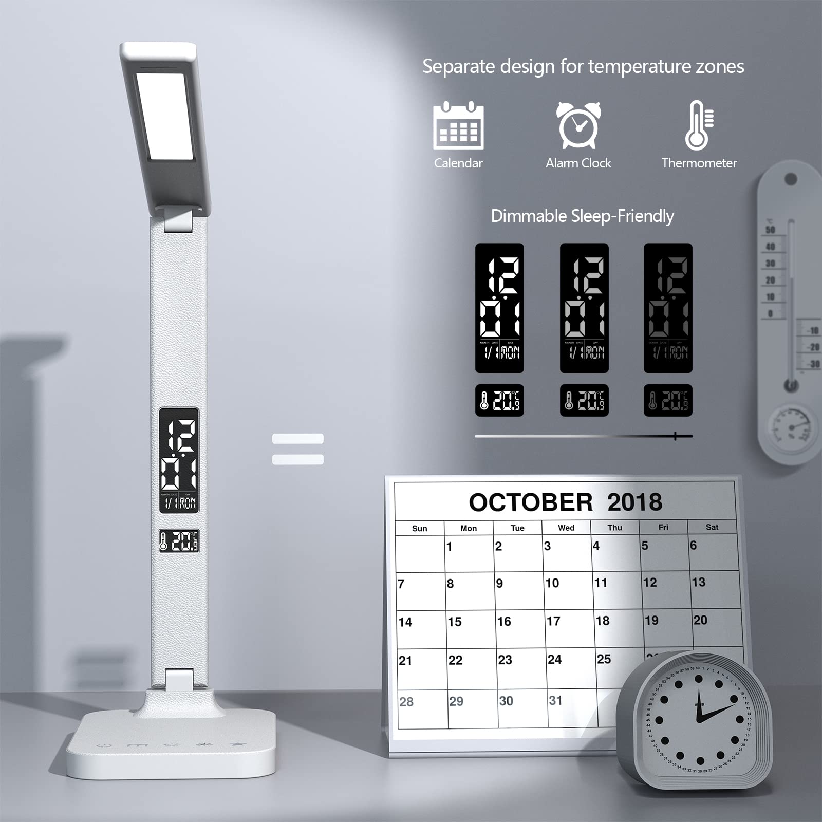 BMQJCBO White LED Desk Lamp for Study Home Office with 10W Charger & USB Port,LCD Display with Calendar Date Temperature Zoning Display, Extra Night Light Functio