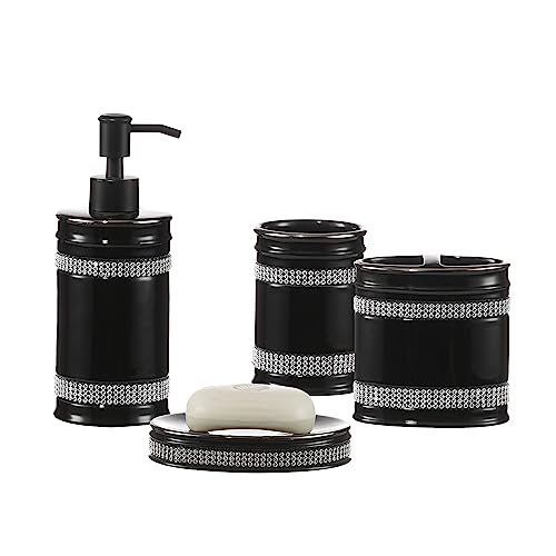 Motifeur Bathroom Accessories Set, 4-Piece Ceramic Bath Accessory Complete Set with Lotion Dispenser/Soap Pump, Tumbler, Soap Dish and Toothbrush Holder (Rhinestones, Black)