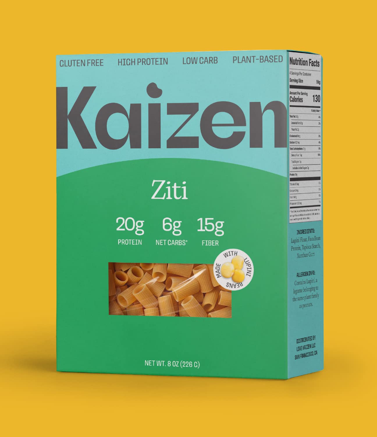 Kaizen Low Carb Keto Pasta Ziti - High Protein (20g), Gluten-Free, Keto-Friendly (6g Net), Plant-Based Lupini Noodles made w/High Fiber Lupin Flour - 8 ounces (Pack of 3)