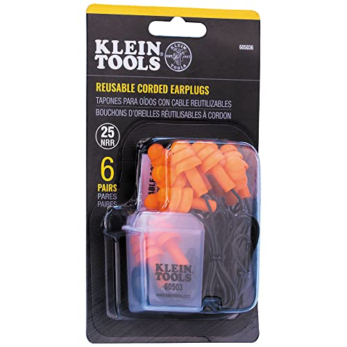 Klein Tools 605036 Corded Earplugs, 25dB NRR, Reusable Orange Earplugs, 6-Pack with Case for Construction, Industrial Use, Shooting and Hunting