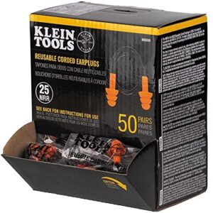 Klein Tools 605036 Corded Earplugs, 25dB NRR, Reusable Orange Earplugs, 6-Pack with Case for Construction, Industrial Use, Shooting and Hunting