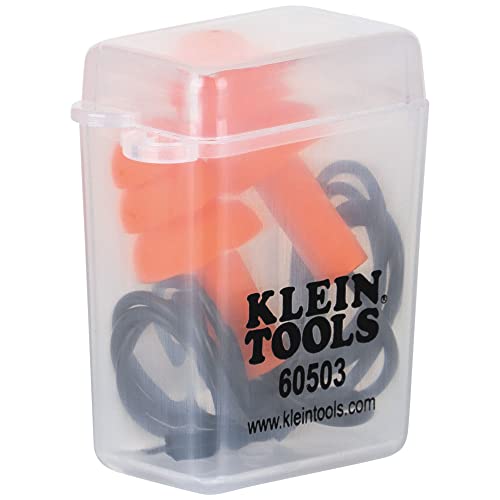 Klein Tools 605036 Corded Earplugs, 25dB NRR, Reusable Orange Earplugs, 6-Pack with Case for Construction, Industrial Use, Shooting and Hunting