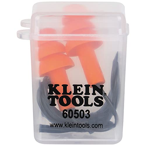 Klein Tools 605036 Corded Earplugs, 25dB NRR, Reusable Orange Earplugs, 6-Pack with Case for Construction, Industrial Use, Shooting and Hunting