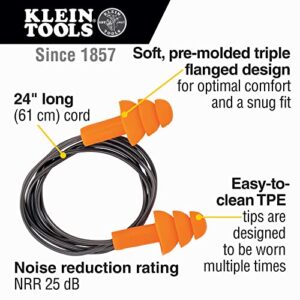 Klein Tools 605036 Corded Earplugs, 25dB NRR, Reusable Orange Earplugs, 6-Pack with Case for Construction, Industrial Use, Shooting and Hunting