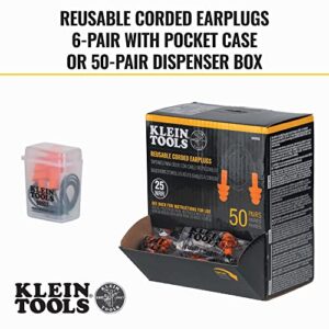 Klein Tools 605036 Corded Earplugs, 25dB NRR, Reusable Orange Earplugs, 6-Pack with Case for Construction, Industrial Use, Shooting and Hunting