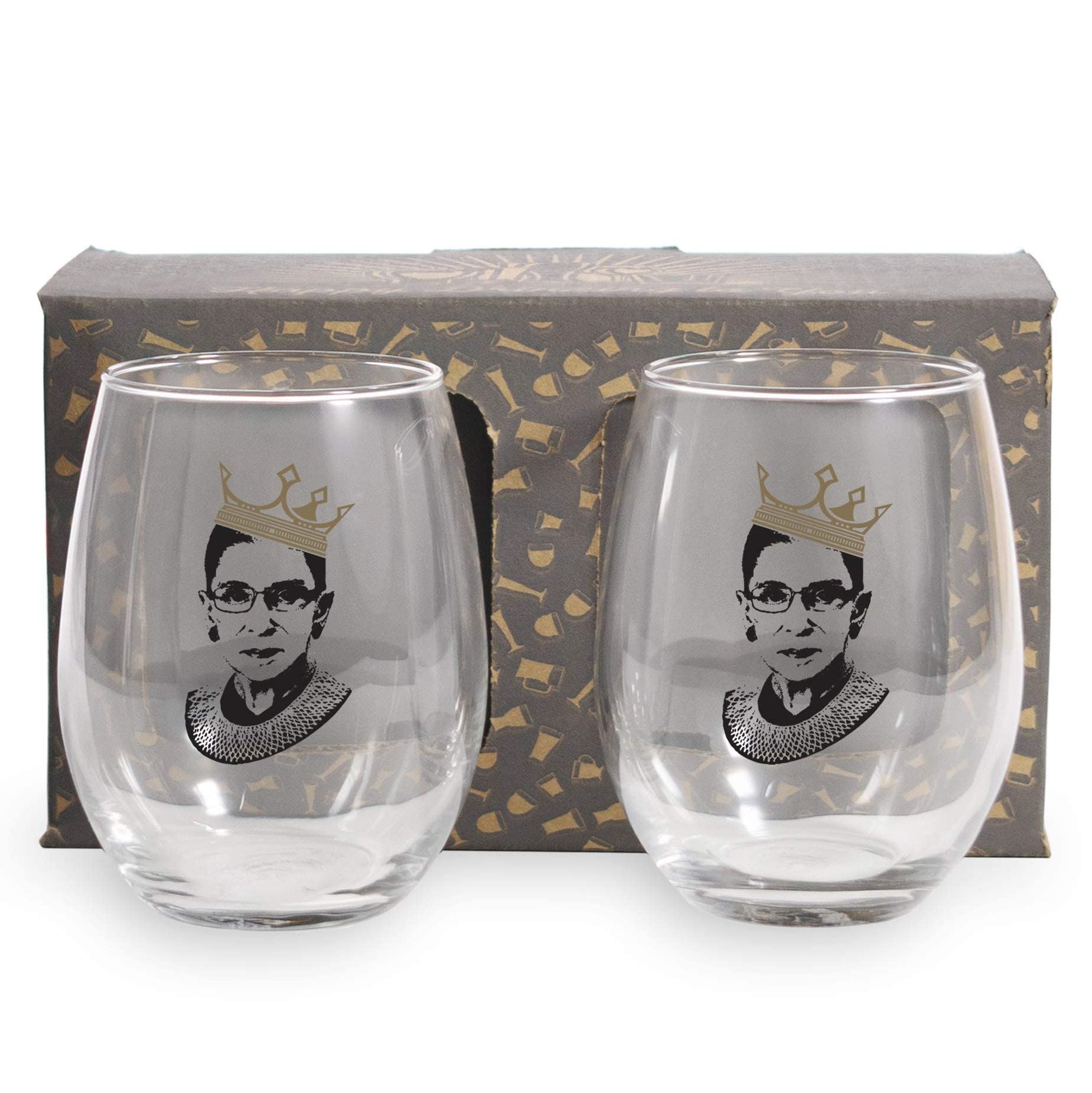 MAJORITY BLUE Ruth Bader Ginsburg With Crown Set Of 2 Novelty Wine Glass | 15 oz Stemless Wine Glasses | Cute Wine Glass Tumbler | Novelty Gifts | Holiday Gift Set | Gifts For Women