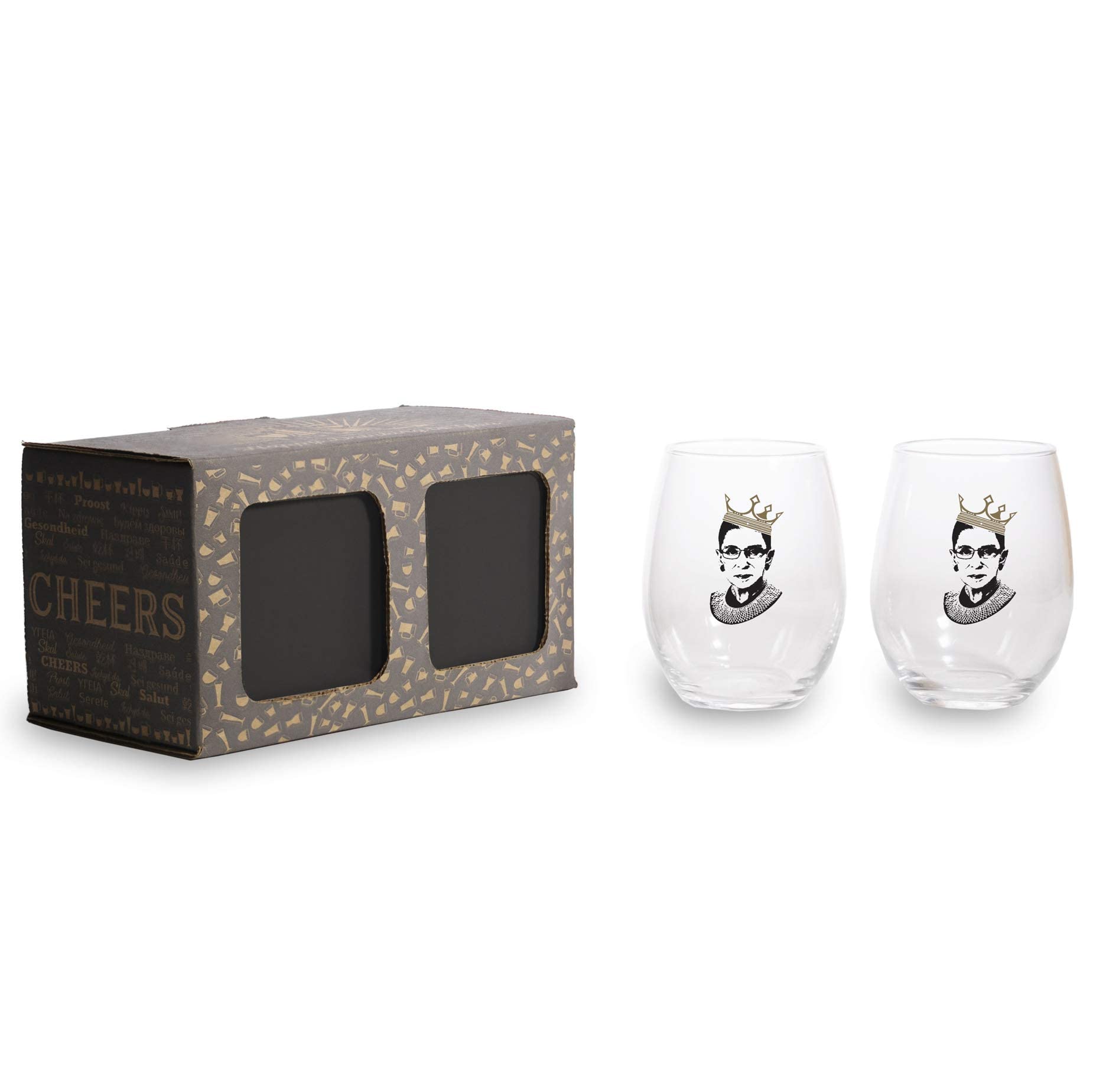 MAJORITY BLUE Ruth Bader Ginsburg With Crown Set Of 2 Novelty Wine Glass | 15 oz Stemless Wine Glasses | Cute Wine Glass Tumbler | Novelty Gifts | Holiday Gift Set | Gifts For Women