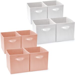 ezoware set of 8 fabric basket bins, 13 x 15 x 13 inch collapsible organizer storage cube with handles for home, bedroom, baby nursery, kids playroom toys - ( white + pink )