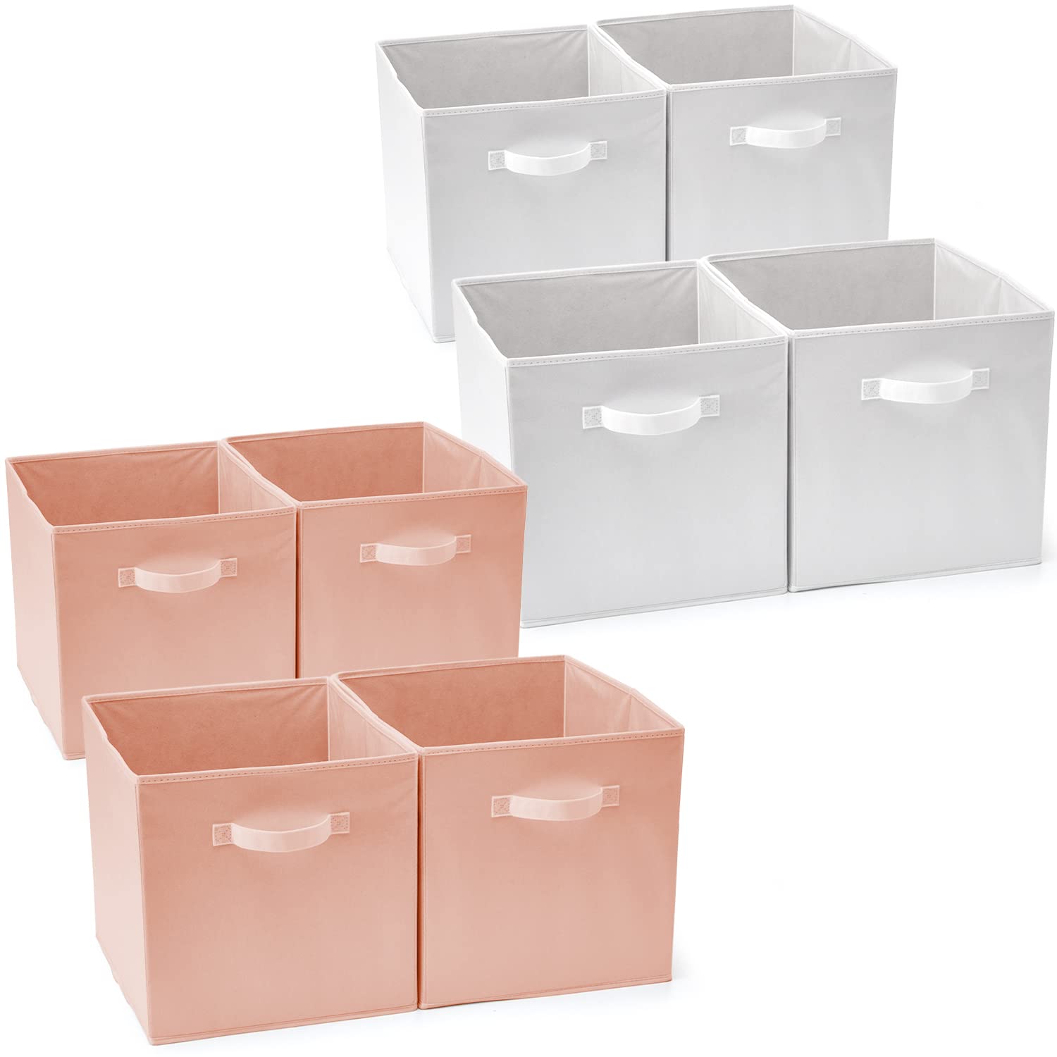 EZOWare Set of 8 Fabric Basket Bins, 13 x 15 x 13 inch Collapsible Organizer Storage Cube with Handles for Home, Bedroom, Baby Nursery, Kids Playroom Toys - ( White + Pink )