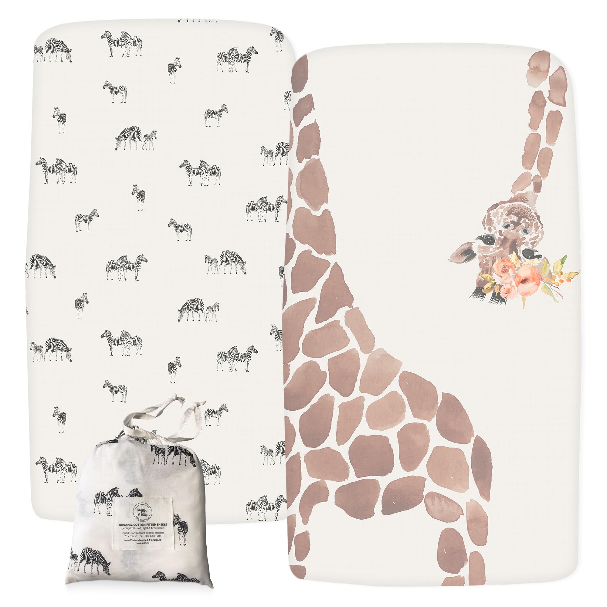 Bassinet Fitted Sheets 33 x 20” Compatible with Mika Micky, Maxi COSI, Ronbei, Amke, Baby Joy, Cloud Baby, Koola Baby Bedside Sleeper – 100% Organic Jersey Cotton – Safari Giraffe – 2 Pack