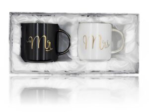 cheardia 12 oz mr and mrs mugs, ceramic coffee mug set engagement gifts for couples, his and hers mugs for bride and groom, anniversary, valentines, bridal shower, wedding, black & white