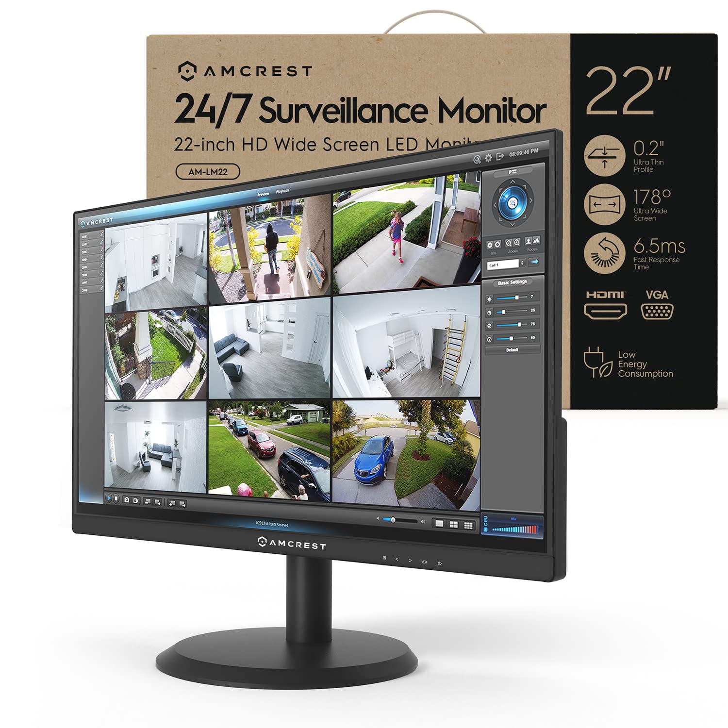 Amcrest 24/7 Surveillance Video Monitor Screen, 22 inch PC Computer NVR/DVR Monitor, 1080p FHD 60Hz with HDMI VGA, Micro Bezel Design, W-LED for Home Office, Monitor, Built-in Dual Speakers, AM-LM22