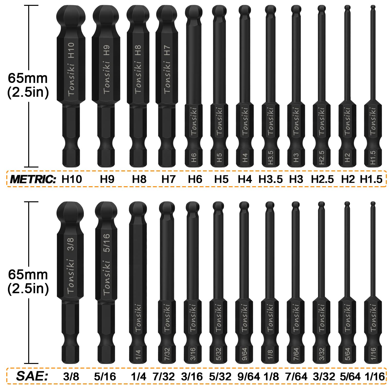 Tonsiki Ball End Hex Head Allen Wrench Drill Bit Set (24PCS Metric & SAE), Upgraded 1/4" Quick Release Shank Magnetic S2 Steel Ball End Hex Screwdriver Bit Set, Perfect for IKEA Type Furniture