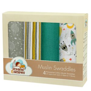 Muslin Swaddle Blankets Babies, Very Soft and Breathable Essential Receiving wrap, Ideal Newborn swaddling Set, Best Shower Gift, 47 X 47 inches (Gimme Some Space (4 Pack))