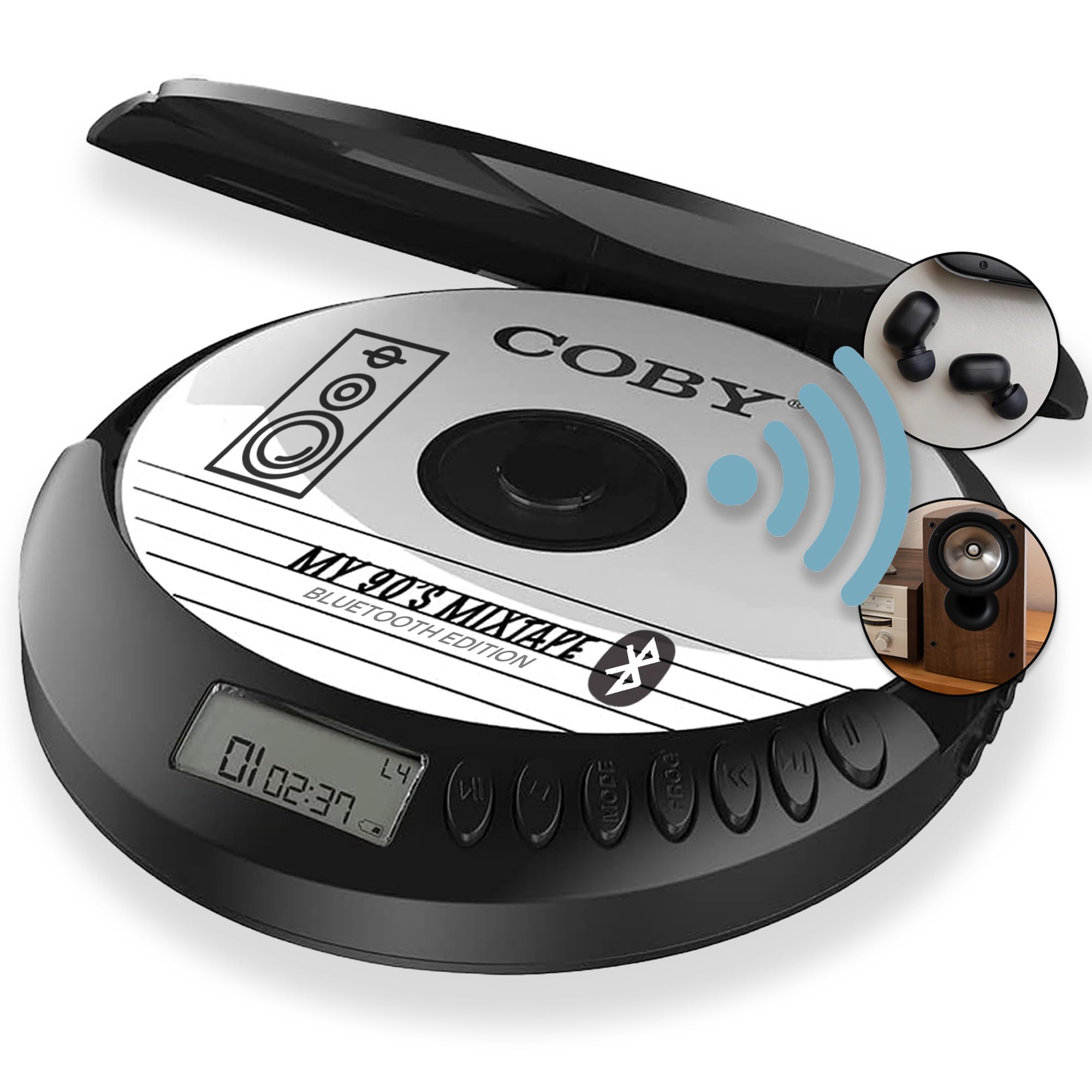 Coby Bluetooth Portable CD Player w/Headphones, FM, AUX, MP3 Anti-Skip Compact Discman | Rechargeable & Lightweight CD Player 6-HR Play for Car, Home