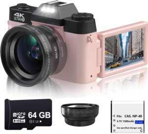 acuvar 4k 48mp digital camera for photography, vlogging camera for youtube with 3.0’’ 180° flip screen, wifi, 16x digital zoom, wide angle & macro lens, rechargeable battery, 64gb micro sd card pink