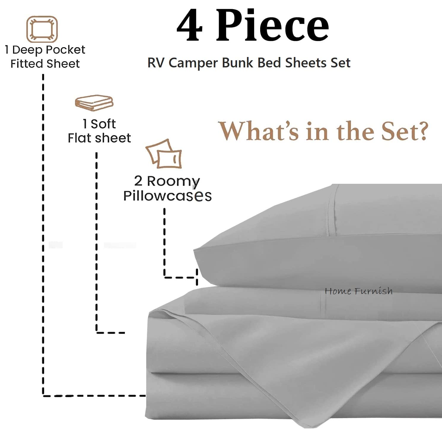 RV Sheet Sets 66x80 Olympic Queen 4 Pc, 600 Thread Count 100% Egyptian Cotton Bed Sheets for RV, Campers & Travel Trailers, RV Bed Sheets Fit Mattress 10" to 15" Deep Fitted RV Sheets Silver