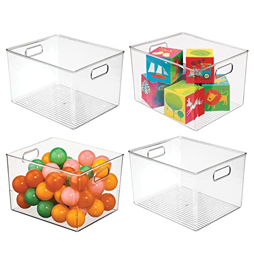 mDesign Large Modern Stackable Plastic Storage Organizer Bin Basket with Handle for Playroom and Toy Organization, Shelf, Cubby, Cabinet, and Closet Organizing Decor, Ligne Collection - 4 Pack - Clear