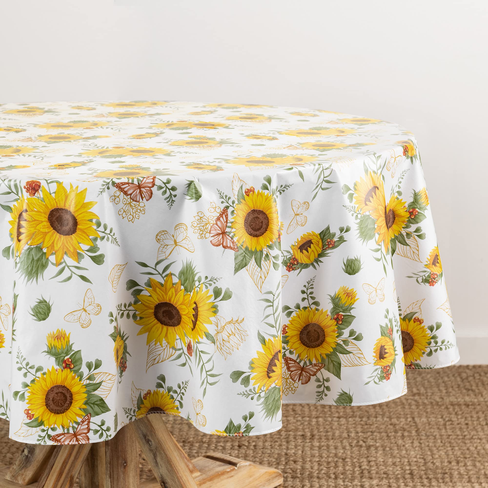 Elrene Home Fashions Sunflower Season Vintage Floral Water- and Stain-Resistant Vinyl Tablecloth with Flannel Backing, 70 Inches X 70 Inches, Round