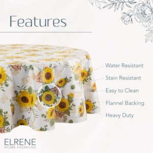 Elrene Home Fashions Sunflower Season Vintage Floral Water- and Stain-Resistant Vinyl Tablecloth with Flannel Backing, 70 Inches X 70 Inches, Round