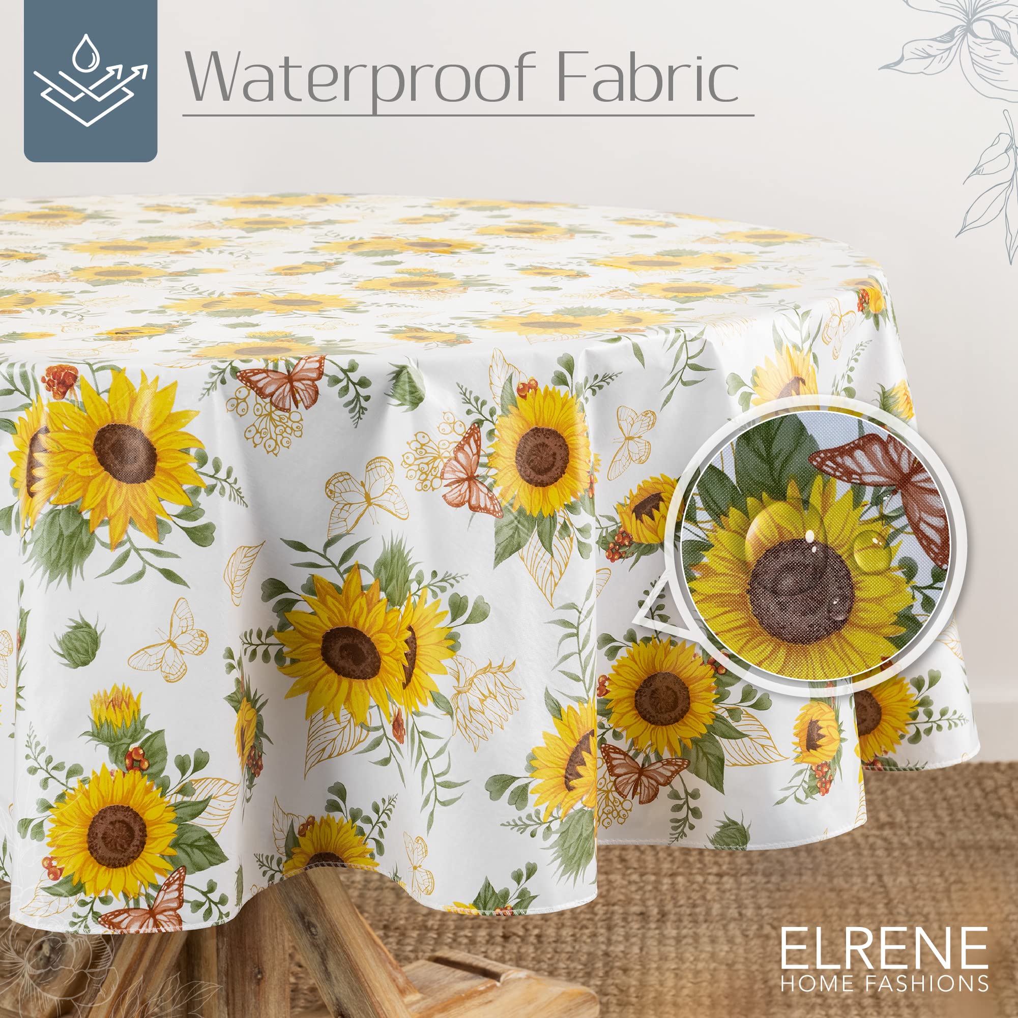 Elrene Home Fashions Sunflower Season Vintage Floral Water- and Stain-Resistant Vinyl Tablecloth with Flannel Backing, 70 Inches X 70 Inches, Round