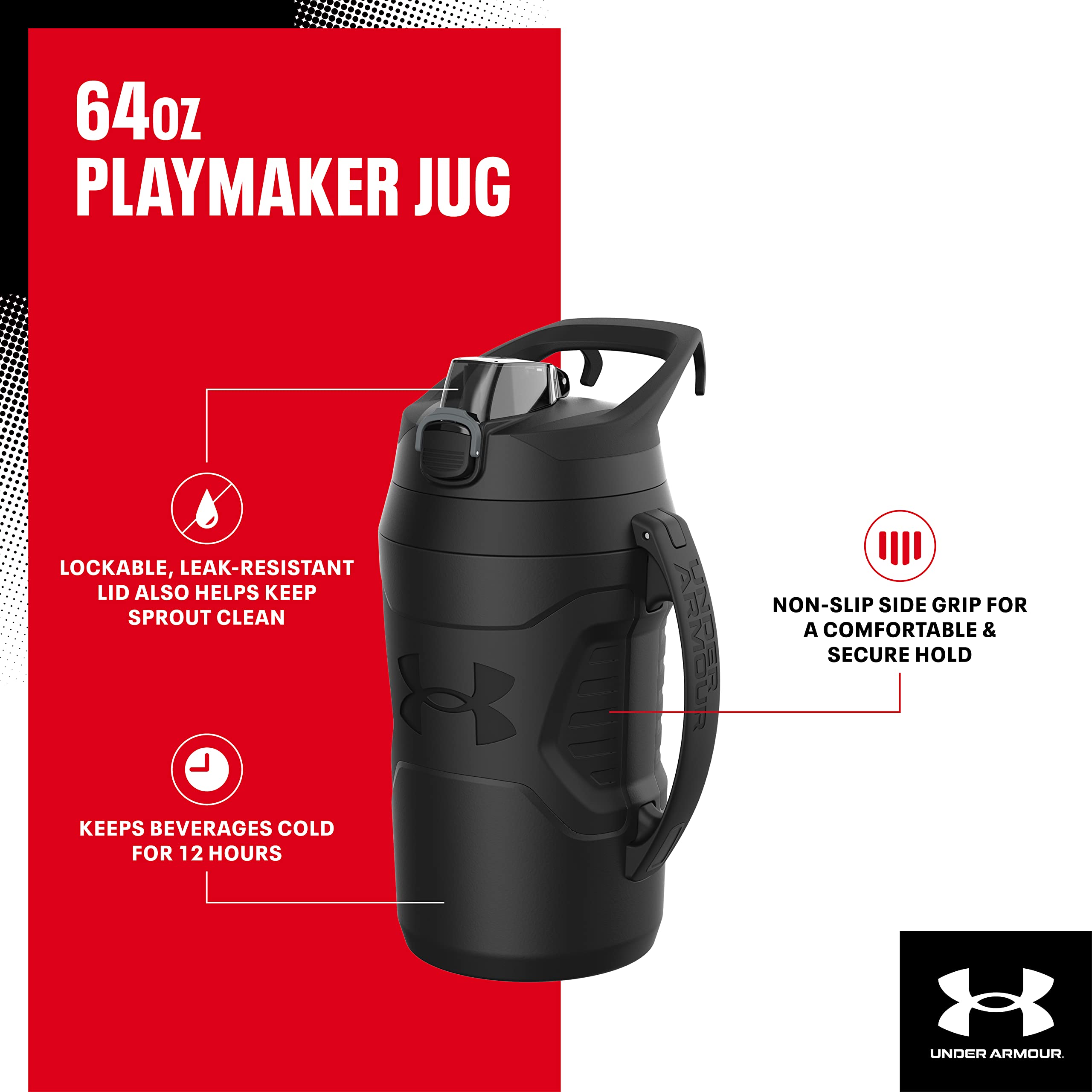 Under Armour Playmaker Sport Jug, Water Bottle with Handle, Foam Insulated & Leak Resistant, 64oz, Octane/Black