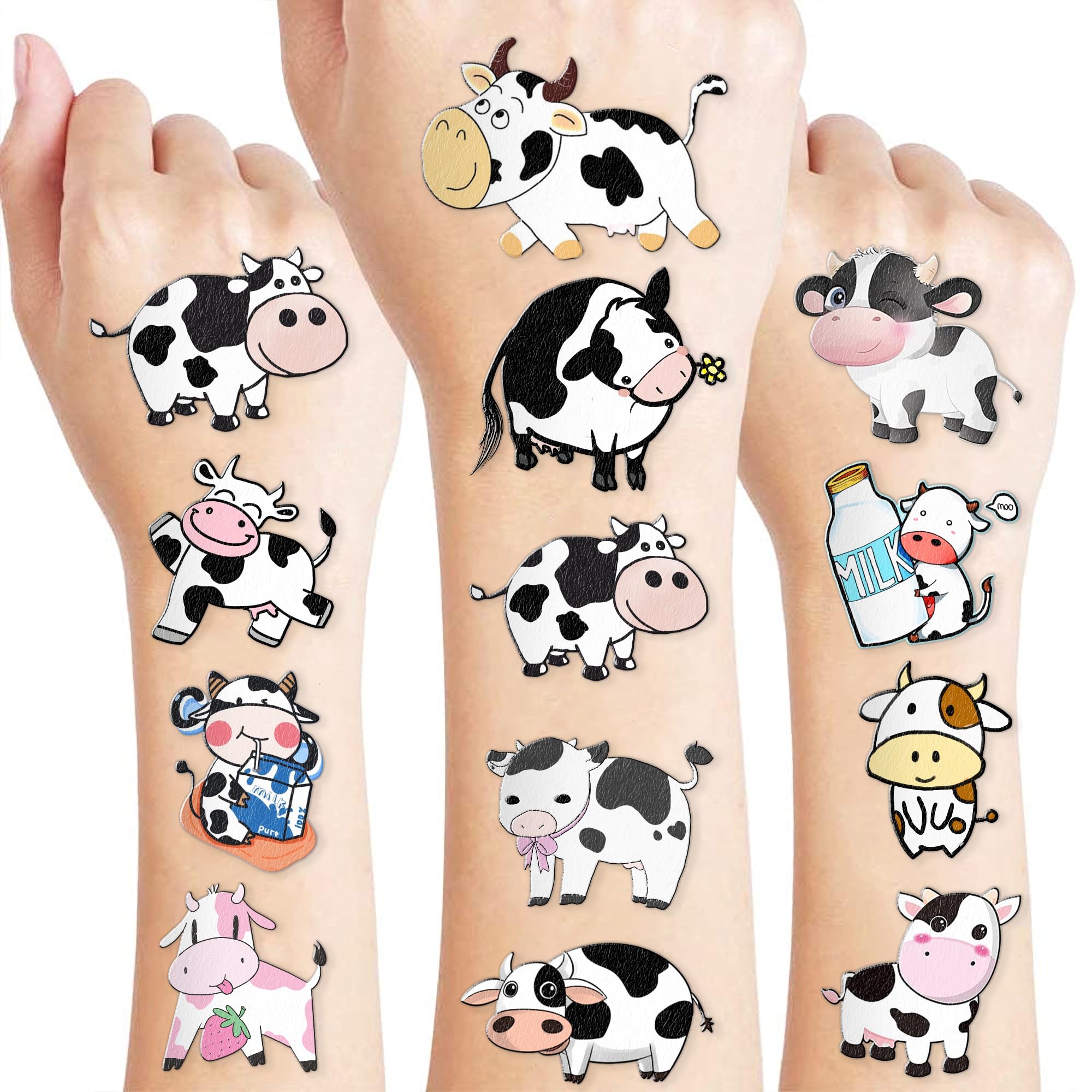 Cow Temporary Tattoos for Kids, Cow Birthday Party Decorations Supplies Party Favors Supper Cute 8 Sheet 68Pcs Strawberry Cow Tattoo Sticker Style Milk Gift Ideals for Boys Girls Schools Prizes Themed