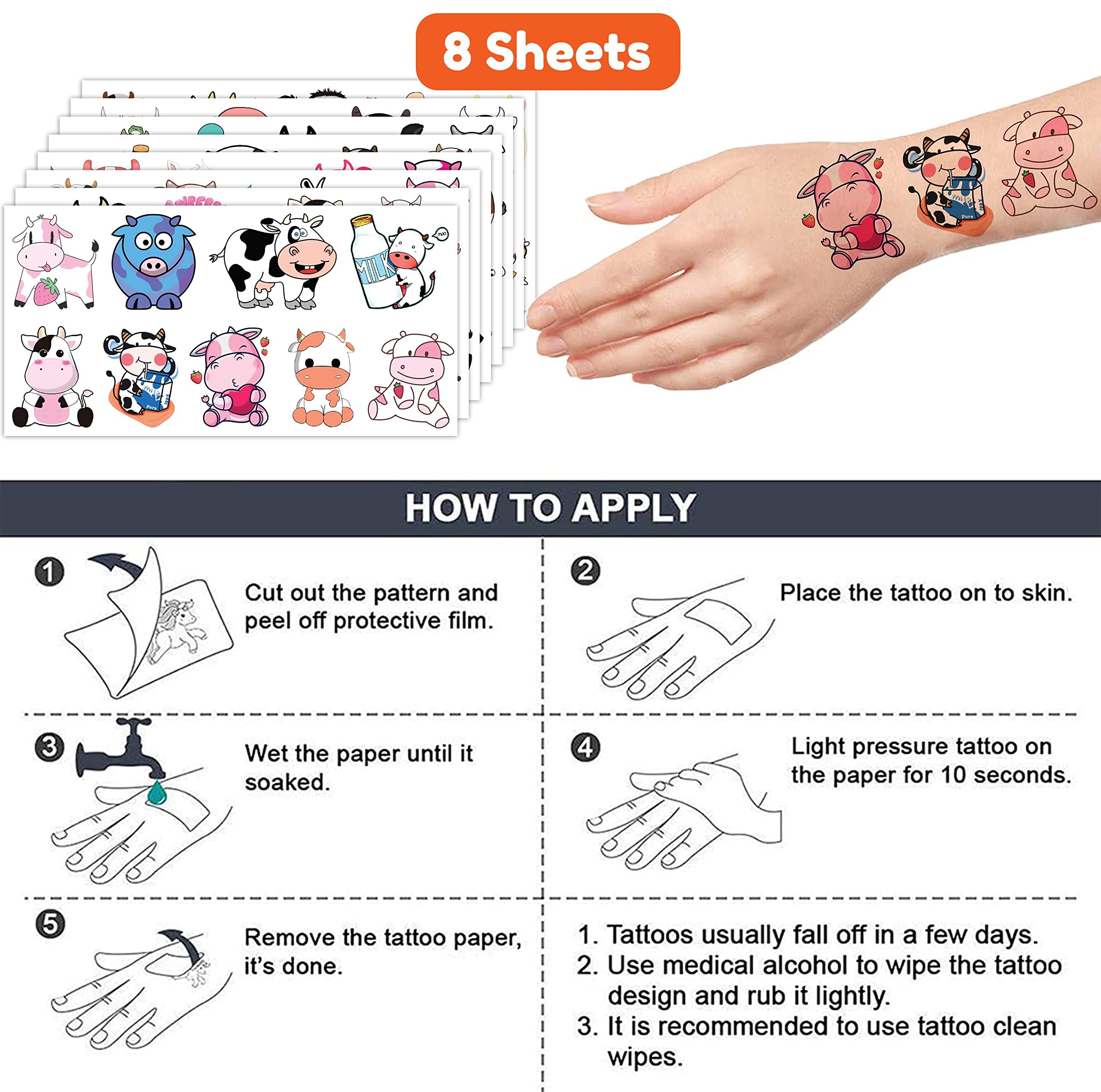 Cow Temporary Tattoos for Kids, Cow Birthday Party Decorations Supplies Party Favors Supper Cute 8 Sheet 68Pcs Strawberry Cow Tattoo Sticker Style Milk Gift Ideals for Boys Girls Schools Prizes Themed