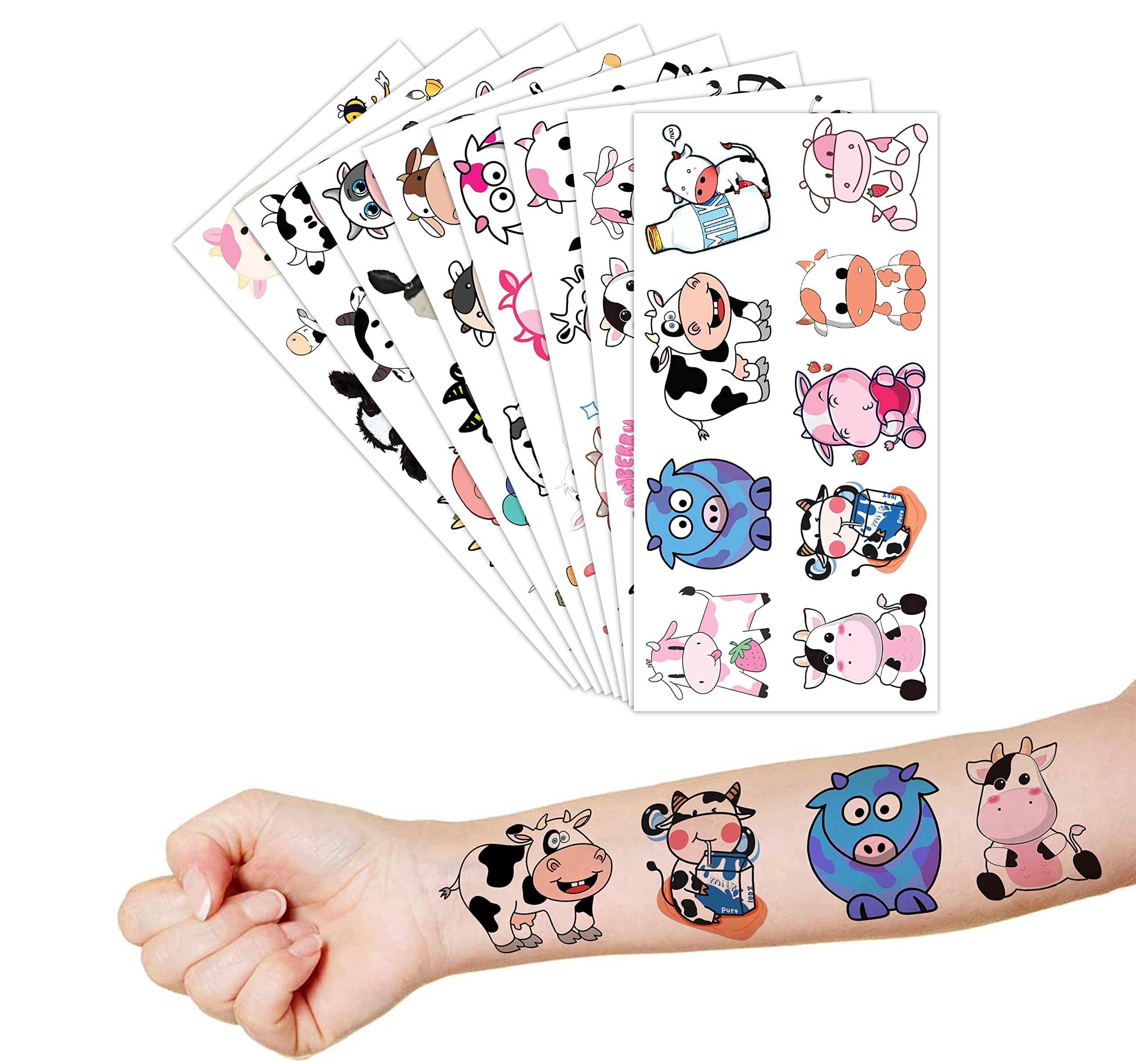 Cow Temporary Tattoos for Kids, Cow Birthday Party Decorations Supplies Party Favors Supper Cute 8 Sheet 68Pcs Strawberry Cow Tattoo Sticker Style Milk Gift Ideals for Boys Girls Schools Prizes Themed