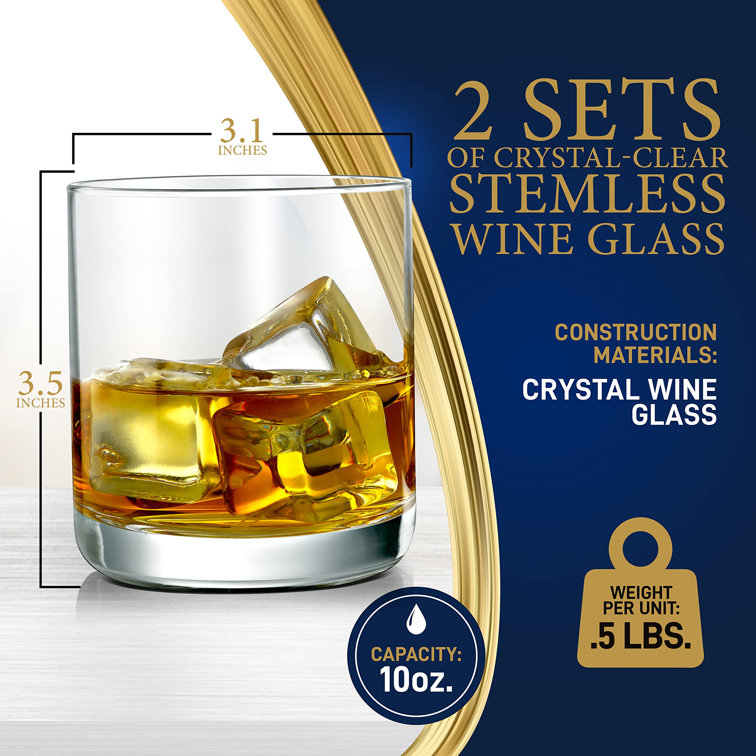 NutriChef 10oz Stemless Wine Glasses - Set of 2 Ultra Thin Elegant Red & White Wine Clear Crystal Glass Drinkware, Lead-Free, Hand Blown Seamless Bowl, Dishwasher Safe, for Any Occasion