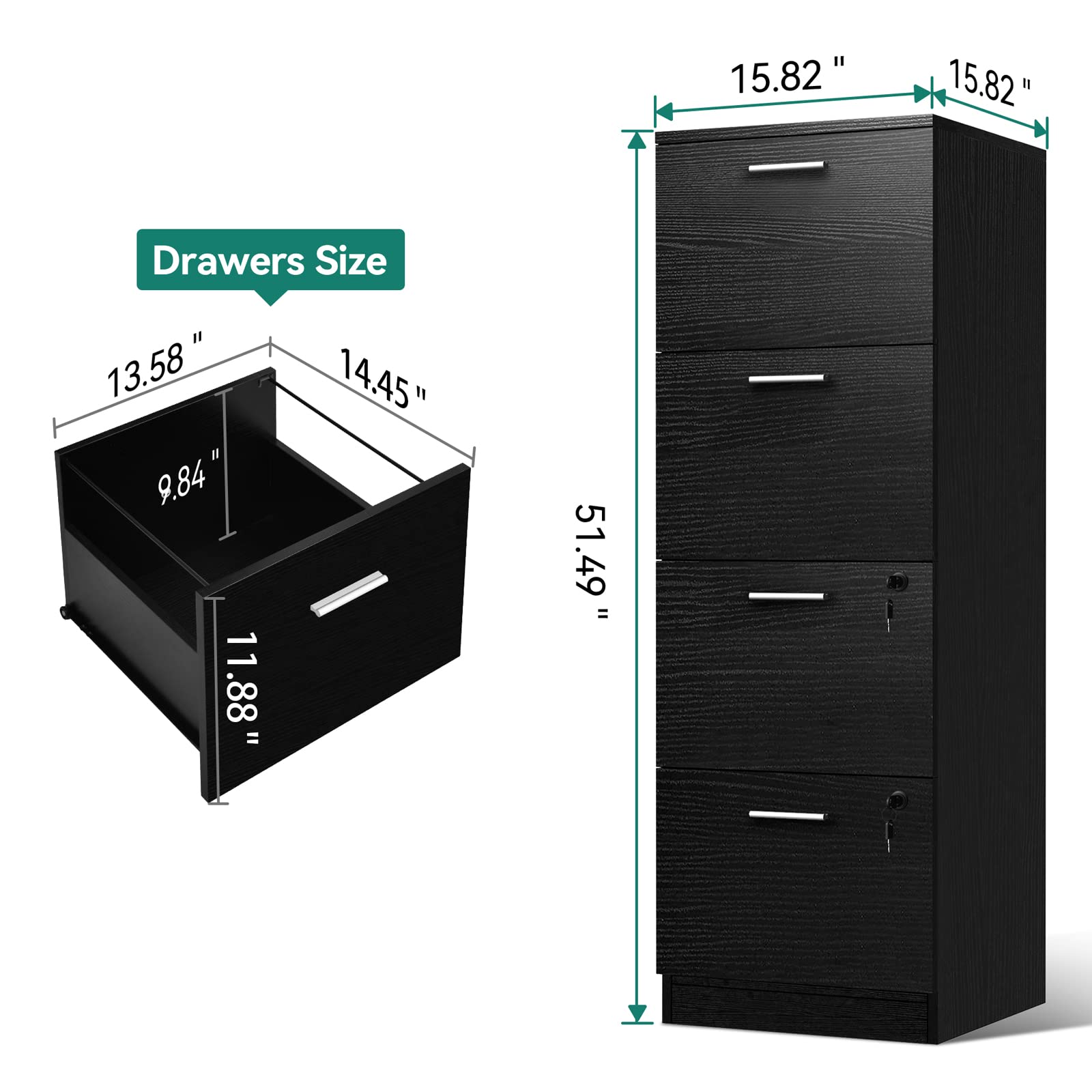 YITAHOME 4-Drawer File Cabinet with Lock, 15.86" Deep Vertical Filing Cabinet, Storage File Drawers for Letter A4-Sized Files, Need to Assemble, Black