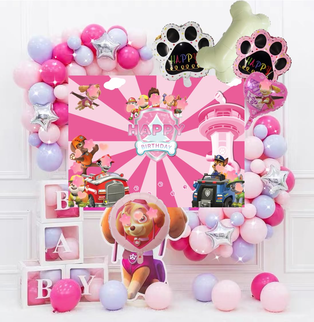 Pink Dog Birthday Party Decorations, Paw Theme Party Supplies Set for Girl’s/Boy’s with Balloons Garland kit, Pink Dog Backdrop, Dog Foil Balloons (PINK-A)