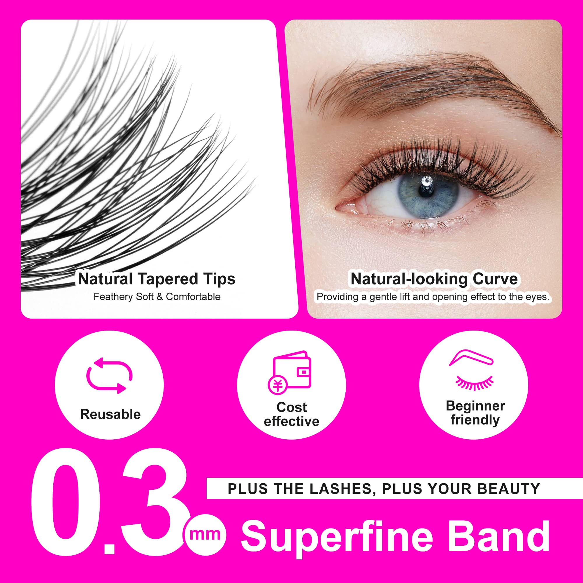 CAELYMINE Eyelash Clusters, 168pcs D Curl Lash Clusters Reusable Lash Extension Clusters, Super Thin Band DIY Lash Extension at Home Easy to Apply Natural Look (Style3 0.07 10-16mm Mix)