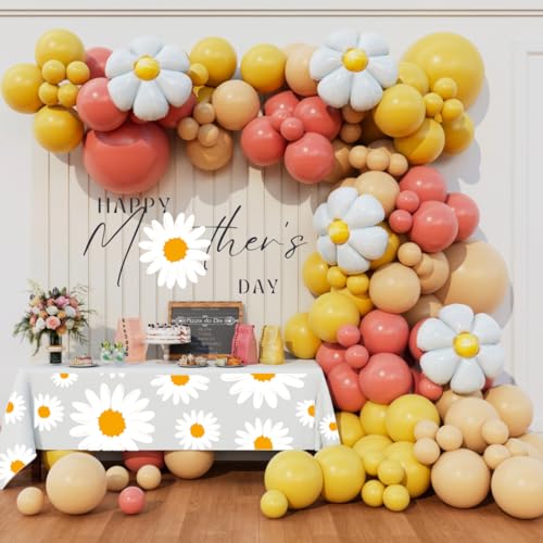 Beaumode Groovy Daisy Balloon Garland Arch Kit 143pcs for Floral Mother's day Best Mom Ever Boho Retro Spring Floral Girls One Two Birthday Baby Shower Party Decorations