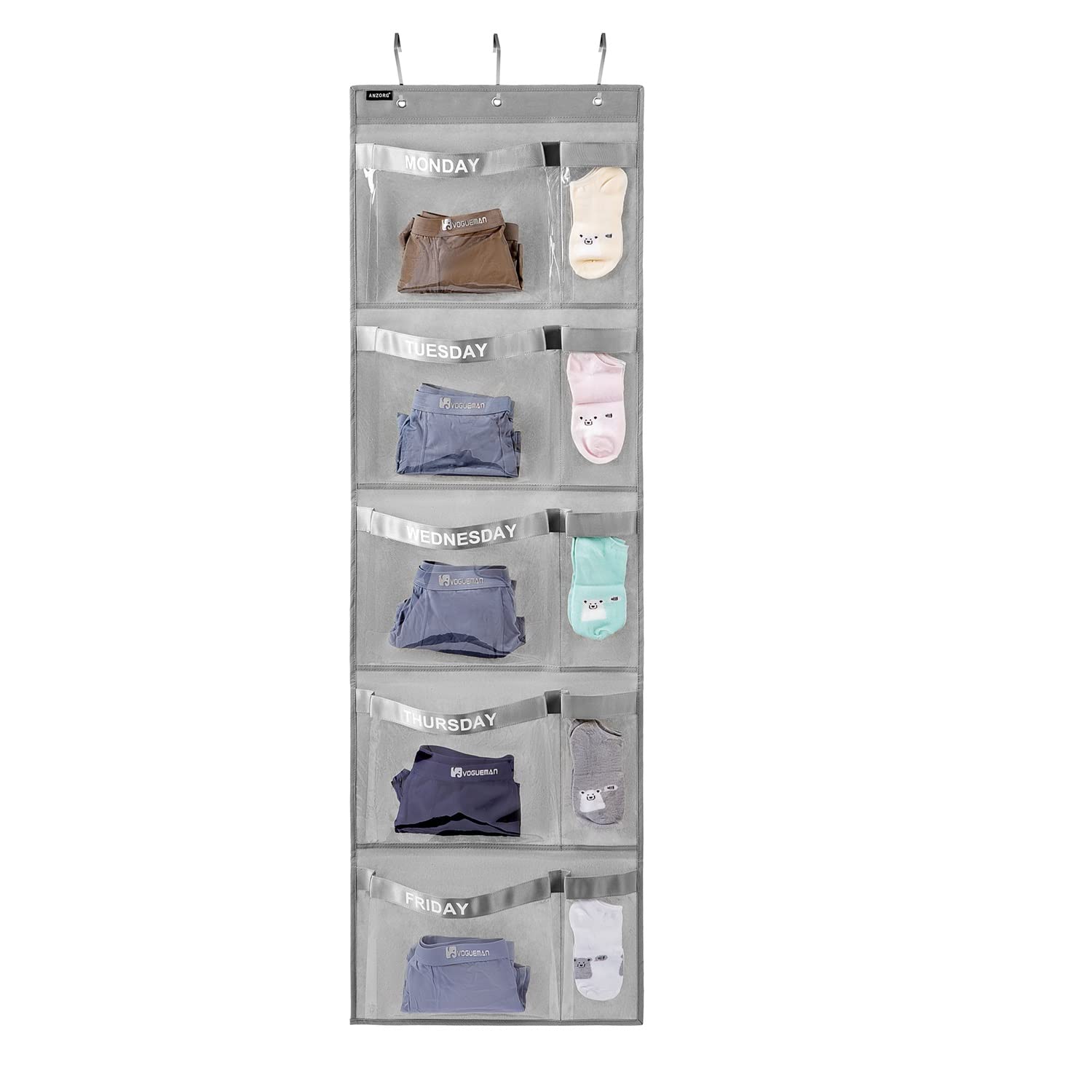 ANZORG Weekly Kids Clothes Organizer Day of Week School Clothing Storage Monday to Friday Hanging Closet Organizer (Grey)