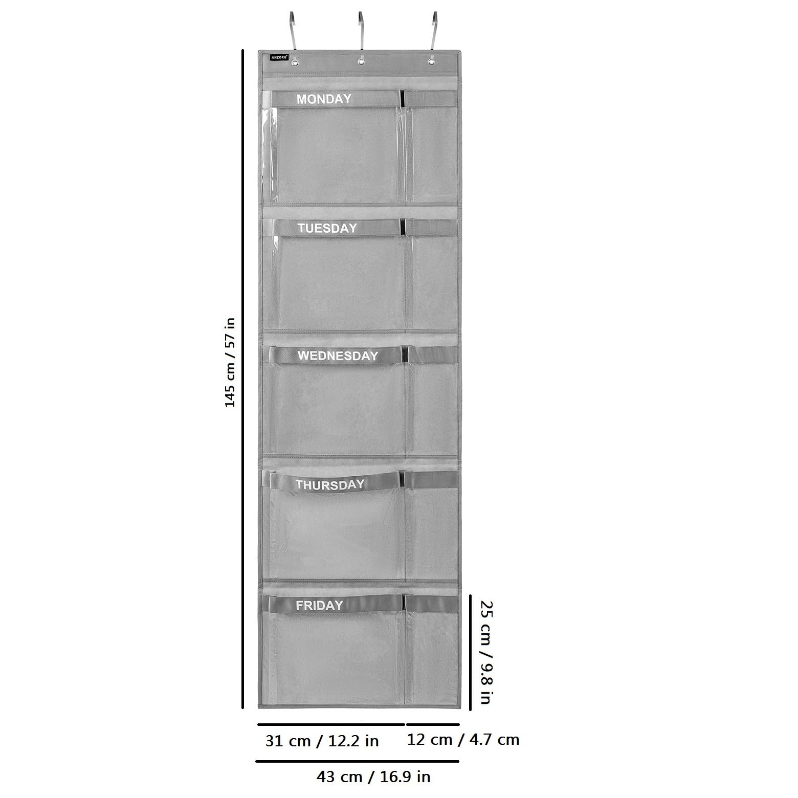 ANZORG Weekly Kids Clothes Organizer Day of Week School Clothing Storage Monday to Friday Hanging Closet Organizer (Grey)