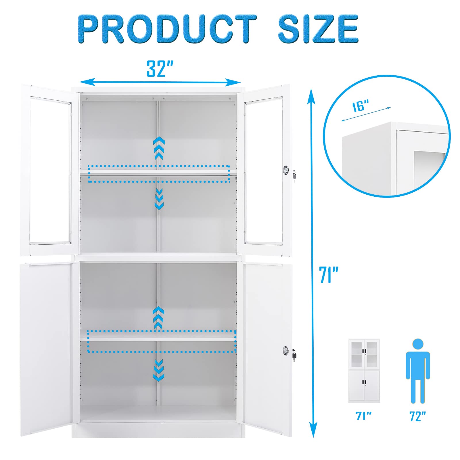 Letaya Storage Cabinet with Doors and Shelves,71" Steel Locker Acrylic Glass Door with Lock, for School Home Office