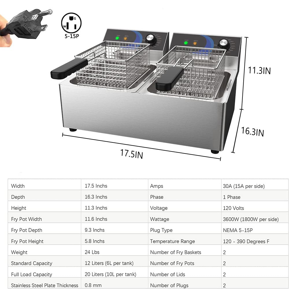 HOOCOO Commercial Electric Deep Fryer, Dual Tank Stainless Steel Deep Fryer with 2 Basket & Lid Capacity 2 x 10L Countertop Fryers for Home Kitchen and Restaurant 3600W 120V