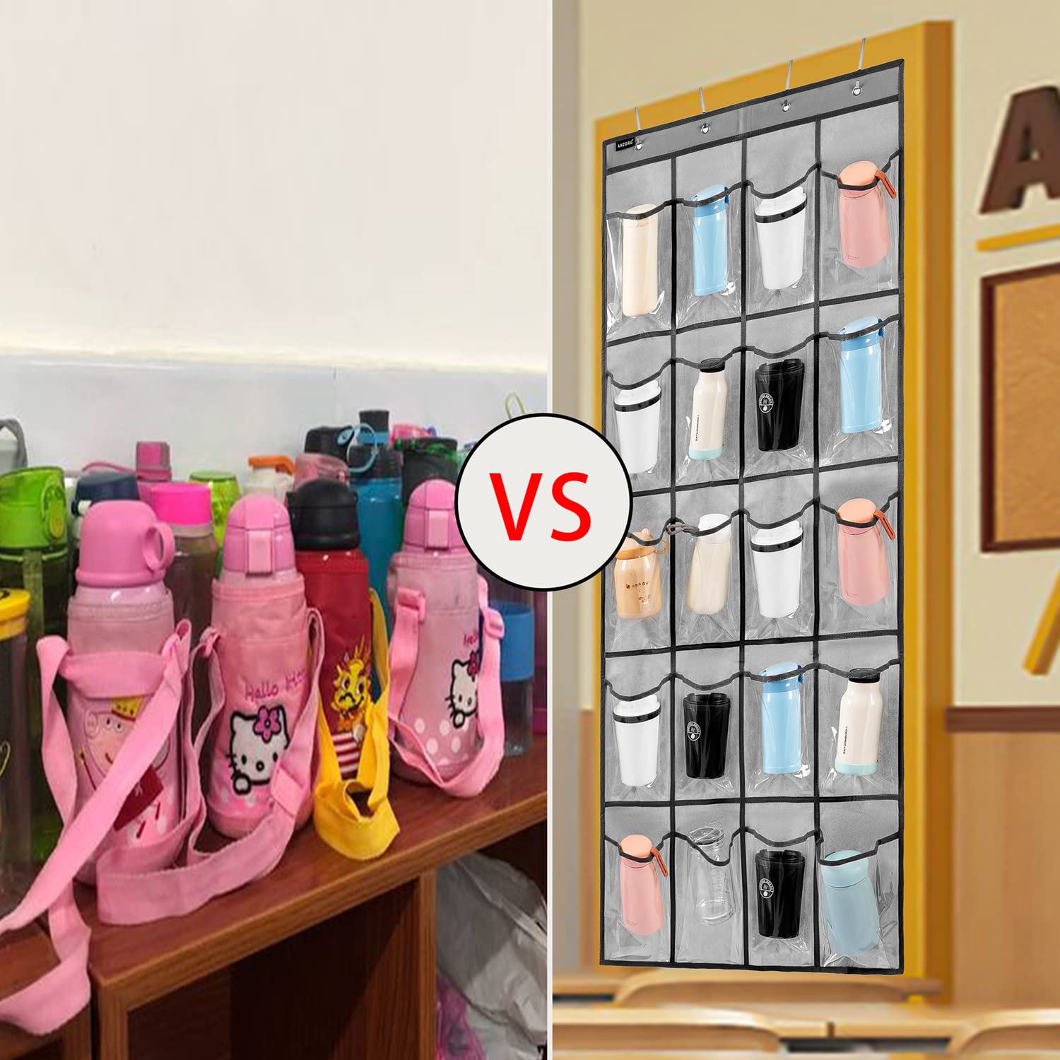 ANZORG Over Door Hanging Water Bottle Holder Cup Organizer for Kitchen Pantry Glass Bottle Storage Rack with 20 Pockets (CLEAR PVC POCKETS)