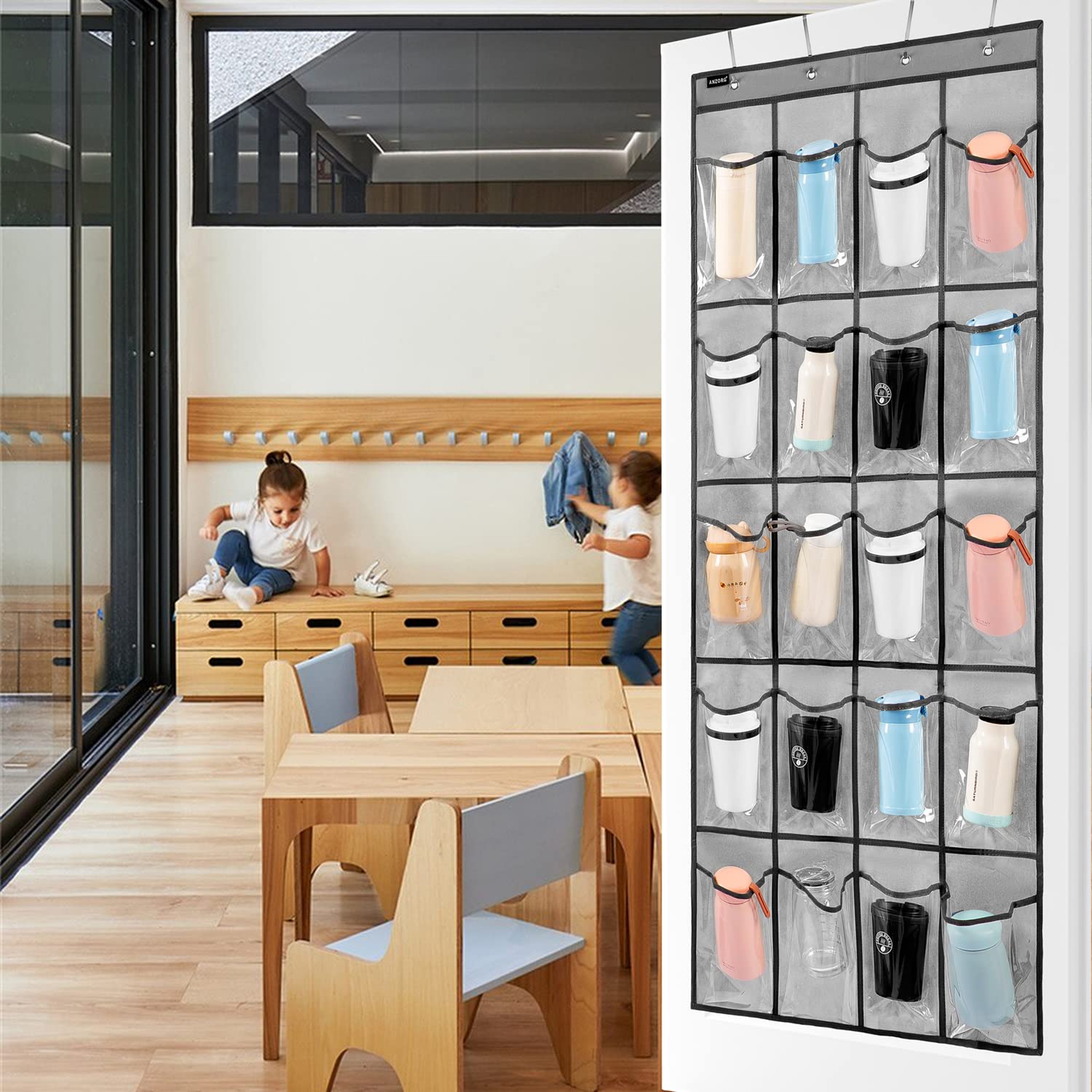 ANZORG Over Door Hanging Water Bottle Holder Cup Organizer for Kitchen Pantry Glass Bottle Storage Rack with 20 Pockets (CLEAR PVC POCKETS)