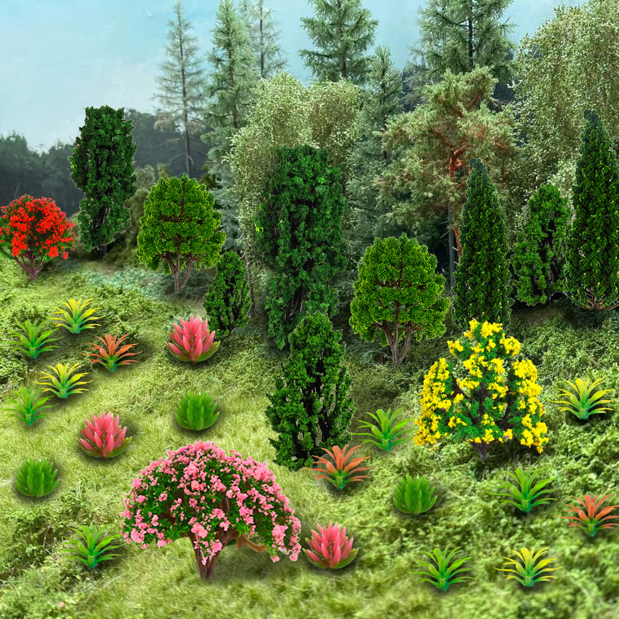 60 Pieces Model Trees 1.1-4.3inch Mixed Diorama Model Tree Colourful Grass Mini Fake Plants for DIY Crafts, Building Model, Railway Scenery Landscape Supplies