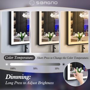 SBAGNO 32X24 LED Bathroom Mirror with Lights, Black Frame 3 Color Modes Wall-Mounted Vanity Mirror, Dimmable Smart Makeup Mirror, Anti-Fog, Waterproof, Build in Bluetooth Speaker