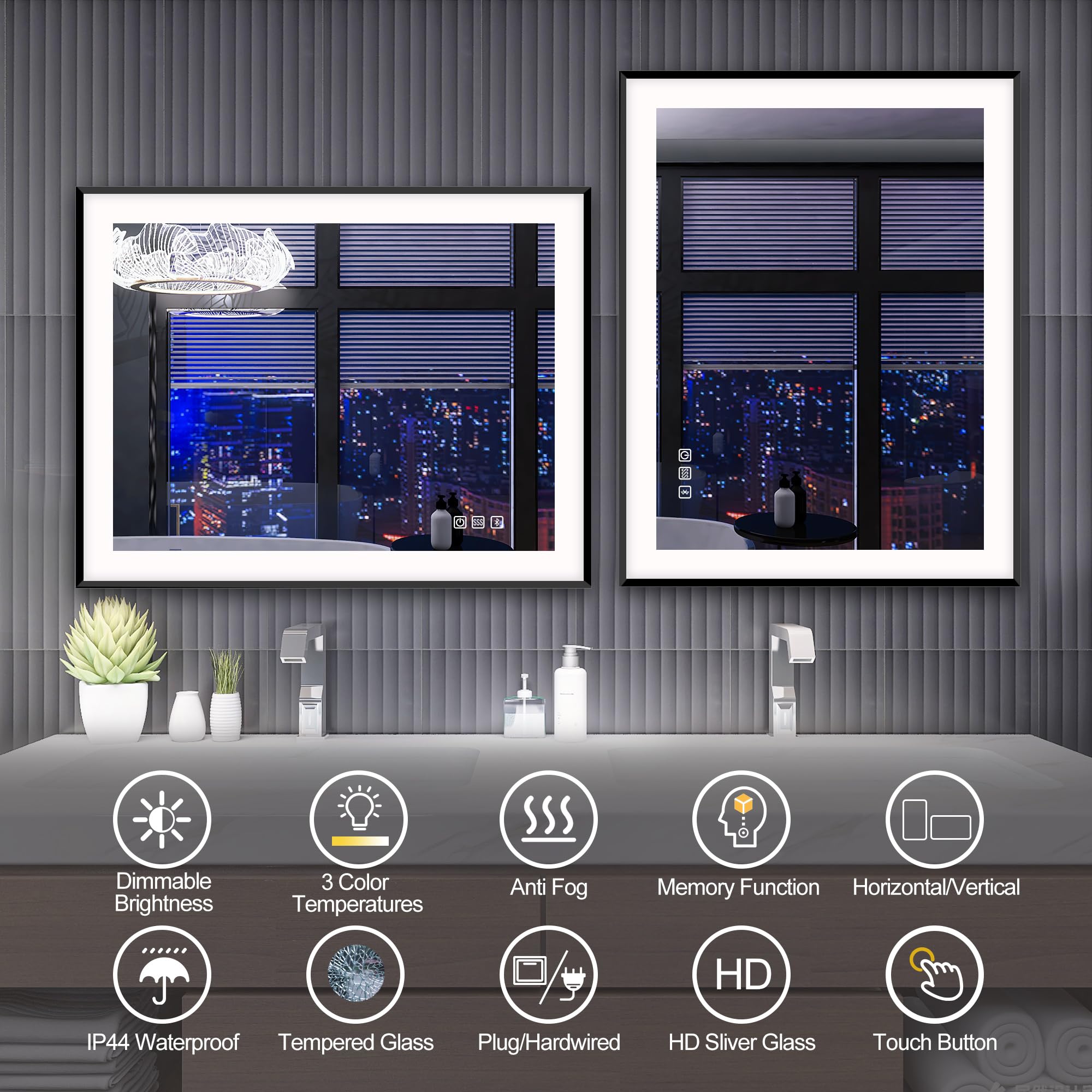 SBAGNO 32X24 LED Bathroom Mirror with Lights, Black Frame 3 Color Modes Wall-Mounted Vanity Mirror, Dimmable Smart Makeup Mirror, Anti-Fog, Waterproof, Build in Bluetooth Speaker