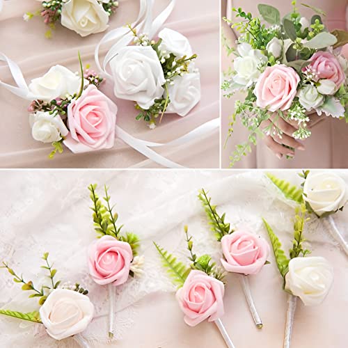 HappyHapi 50Pcs Artificial Flowers Roses Bulk White Foam Fake Roses with Stems for Wedding, Bridal Shower Decorations Fake Flowers Centerpieces Tables Decorations