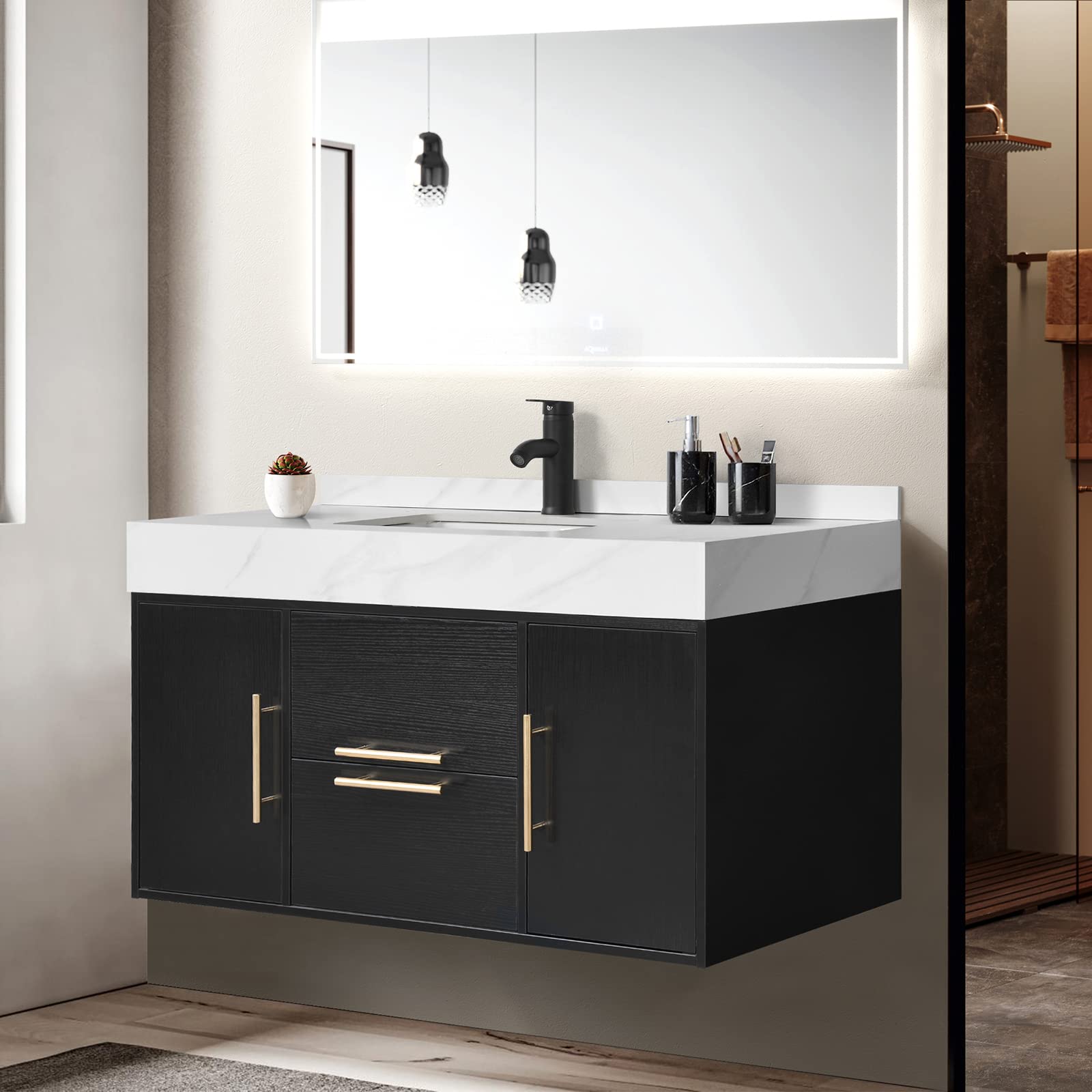 HERNEST Black Floating Bathroom Vanity 40 Inch Wall Mounted Bathroom Vanity with Rock Panel Tabletop and Ceramic Basin Sink Bathroom Cabinet with 2 Drawers and 2 Storage Cabinet for Washroom