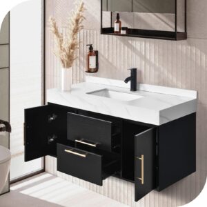 HERNEST Black Floating Bathroom Vanity 40 Inch Wall Mounted Bathroom Vanity with Rock Panel Tabletop and Ceramic Basin Sink Bathroom Cabinet with 2 Drawers and 2 Storage Cabinet for Washroom