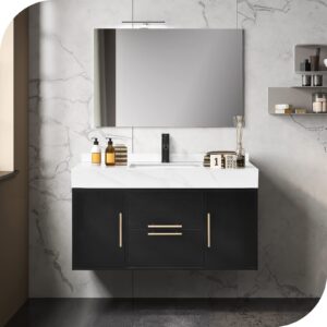 HERNEST Black Floating Bathroom Vanity 40 Inch Wall Mounted Bathroom Vanity with Rock Panel Tabletop and Ceramic Basin Sink Bathroom Cabinet with 2 Drawers and 2 Storage Cabinet for Washroom