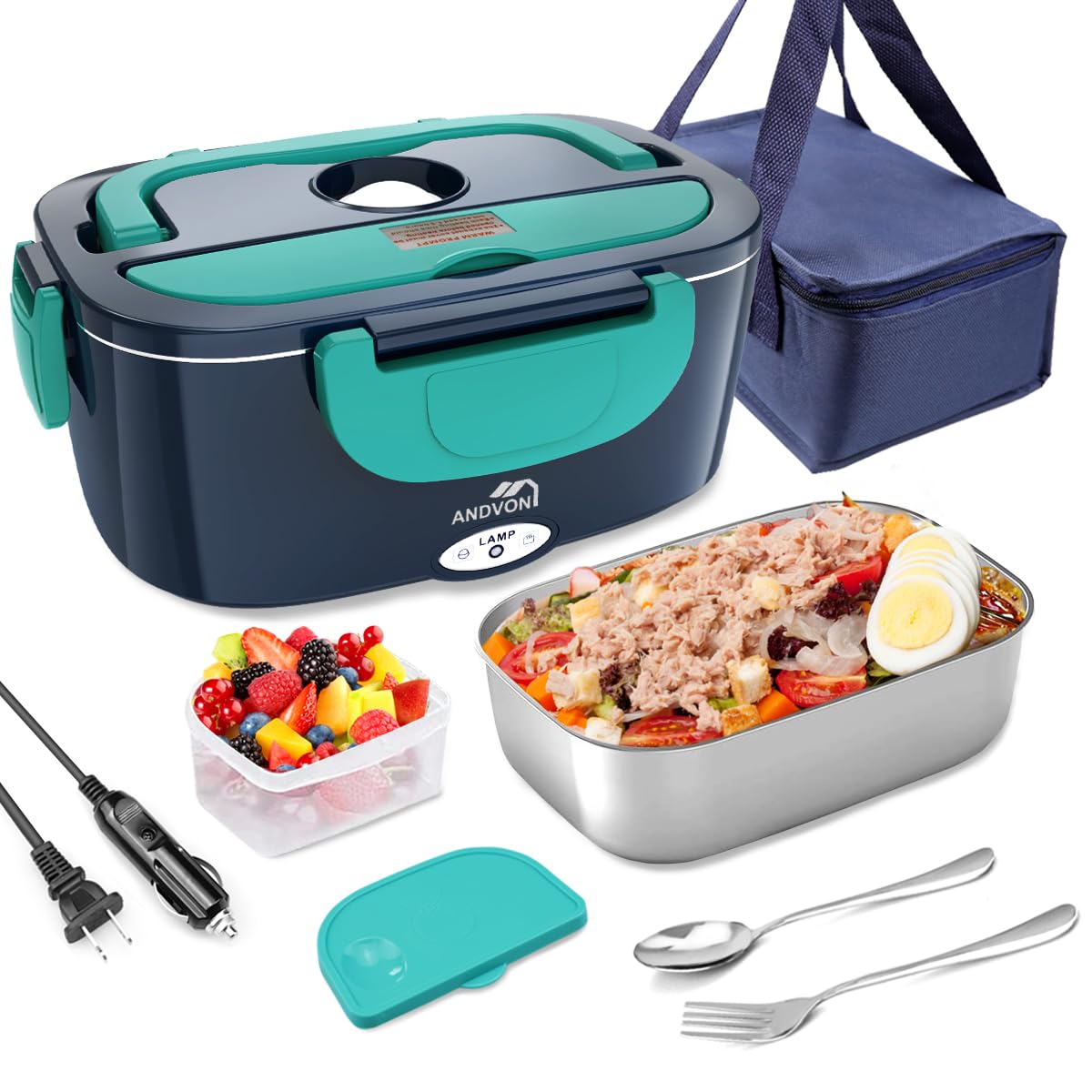 Electric Lunch Box for Adults 60W Portable Food Heater, 24V 110V Lunch Warmer Leakproof Heated Lunch Box for Car/Truck/Office Work Electric Lunch Box with SS Fork & Spoon and Carry Bag