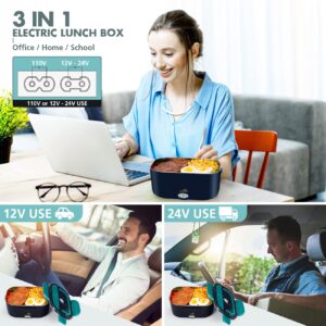 Electric Lunch Box for Adults 60W Portable Food Heater, 24V 110V Lunch Warmer Leakproof Heated Lunch Box for Car/Truck/Office Work Electric Lunch Box with SS Fork & Spoon and Carry Bag